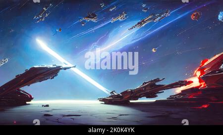 Space battle, spaceships are fighting, shooting from laser guns ...