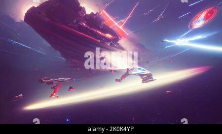 Space battle, spaceships are fighting, shooting from laser guns ...