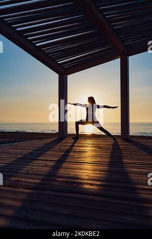 Back view of silhouette of concentrated female practicing yoga with ...