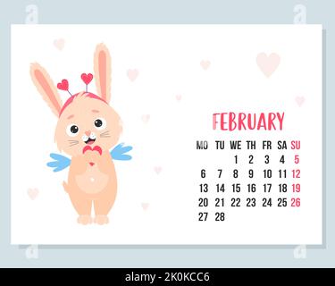 February 2023 calendar. Cute bunny Winged cupid shoots an arrow with ...