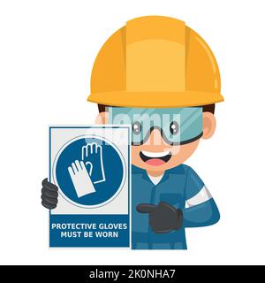 Industrial construction worker with mandatory use of gloves warning ...