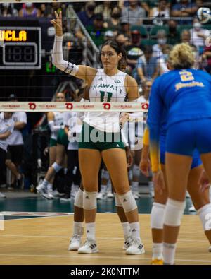 September 4, 2022 - Hawaii middle blocker Amber Igiede (3) serves ...