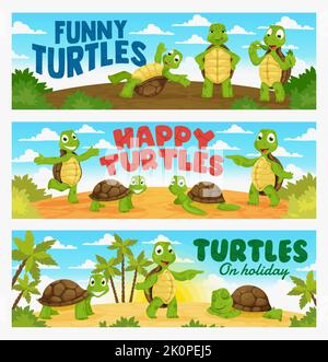 Cartoon turtle. Funny turtles sleep walking screaming resting with ...
