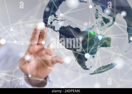 3D rendering of a man pointing at connecting lines network structure Stock Photo - Alamy