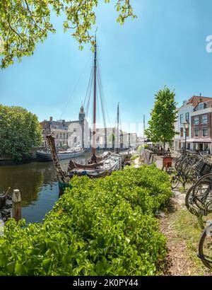 Ancient ships at the historic port, Pilgrim-father-church, Delfshaven ...