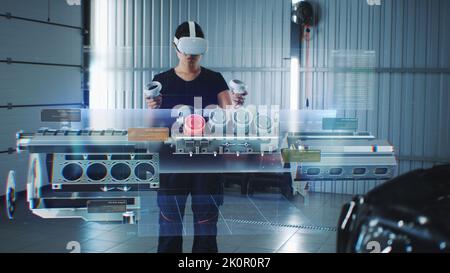 Car service manager uses virtual reality with futuristic augmented ...