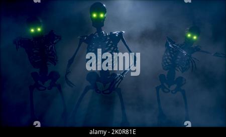 Scary skeleton with glowing eyes attacking. Halloween concept. 3D ...