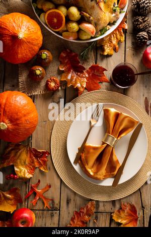 Overhead view of thanksgiving roast turkey with potatoes and autumn ...