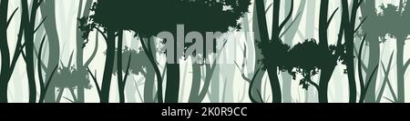 Wild forest with various coniferous or deciduous trees. Wide horizontal ...
