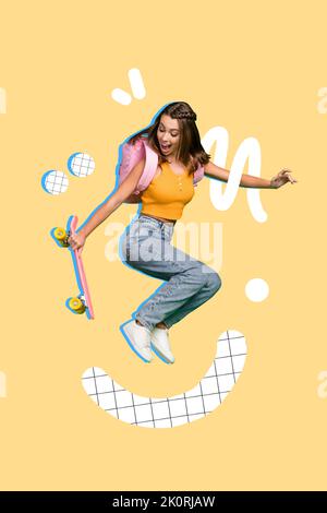 Composite collage picture of smiling girl black white effect sit use ...