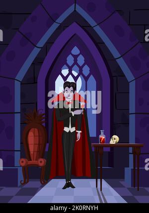 Dracula vampire character welcomes guests in black red cape with ...
