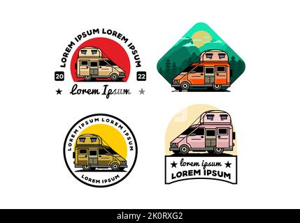 Big van camper with roof box tent illustration badge design Stock ...