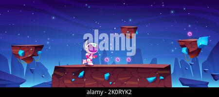 Cartoon cosmic game with platforms, astronaut and crystal bonus or ...