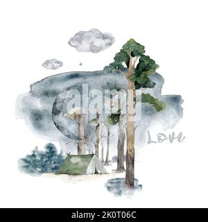 Autumn forest watercolor. Forest illustration. Pines, owl, hare and ...