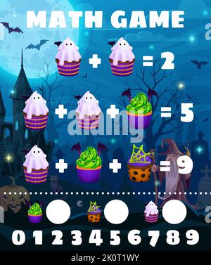 Math game worksheet cartoon cupcakes and pie characters. Vector ...
