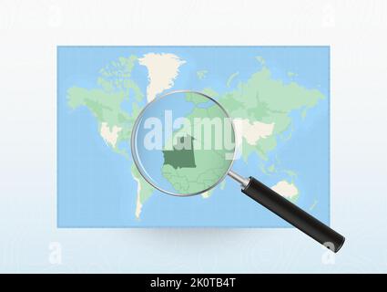 Map of the World with a magnifying glass aimed at USA, searching USA ...