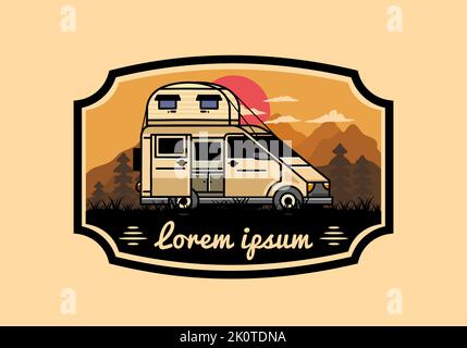 Big van camper with roof box tent illustration badge design Stock ...