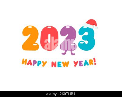 2023 numbers in cartoon style with rocket. Happy New Year event poster ...