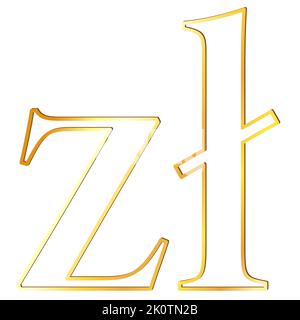 Polish zloty PLN currency golden sign front view isolated on white ...