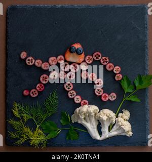 octopus made from red fruits on black background Stock Photo - Alamy