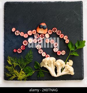 octopus made from red fruits on black background Stock Photo - Alamy