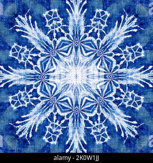 Indigo blue snow flake pattern background. Frosty batik painterly ...
