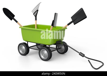 Garden wheelbarrow with garden tools like shovel, rake and fork on ...