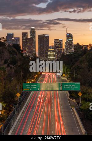 Traffic on the 110 Freeway and the Los Angeles Skyline at night, seen ...