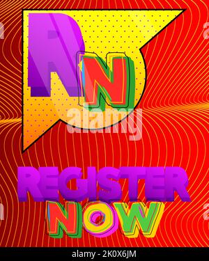 Register Now icon. Superhero coat of arms. Colorful comic book style ...