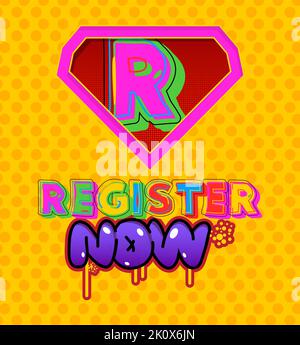 Register Now icon. Superhero coat of arms. Colorful comic book style ...