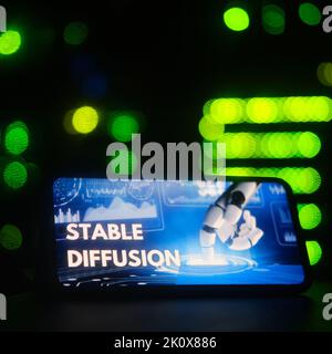 AI logo stable diffusion on the phone screen on the background of the server room. Smartphone ...