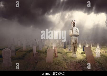 Pocong is covered with a white linen shroud standing with full moon ...