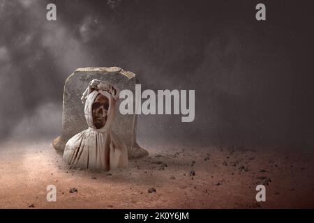 Pocong is covered with a white linen shroud standing with full moon ...