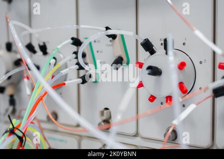 Close up of liquid phase chromatography system, tubes and hoses Stock ...