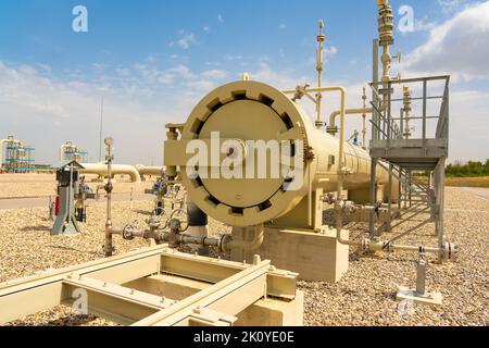 Gas pipeline piston launch chamber, frontal view of the locking ...
