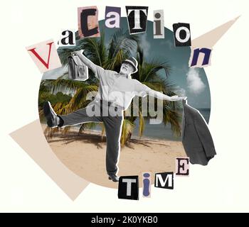 Contemporary art collage. Cheerful senior man in image of Santa Claus ...