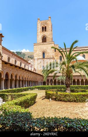 Monreale, Italy - July 8, 2020: Cloister of the cathedral of Monreale ...