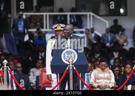 The 5th President of the Republic of Kenya Dr. William Ruto (C) waves to the Kenyans who had ...