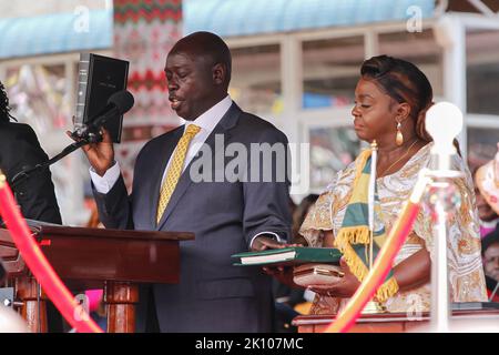 The President of the Republic of Kenya Rigathi Gachagua gives his inaugural speech at the Moi ...