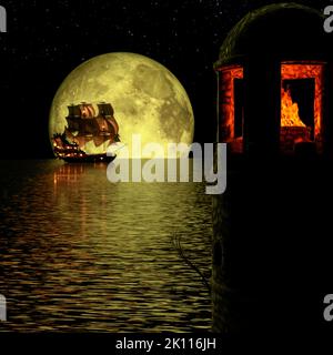 Lonely pirate sail ship in a calm ocean, full yellow moon, and stars ...