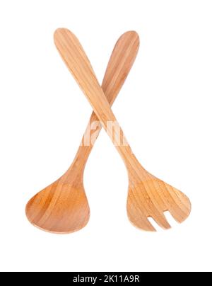 Wooden salad server fork isolated on white background. Top view of eco ...