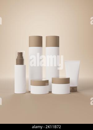 Group of hair care products in different plastic bottles 3D render ...
