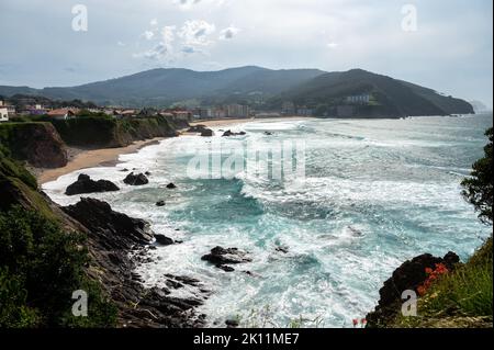 Atlantic ocean bay with sanly beach in Bakio, small touristic village ...