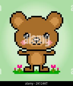 Pixel 8 bit brown bear sitting. Animal game assets in vector illustration Stock Vector Image ...