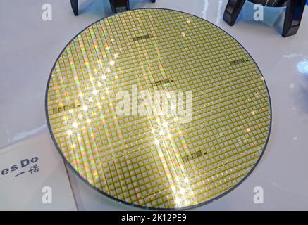 YANTAI, CHINA - SEPTEMBER 14, 2022 - A chip wafer is displayed at an ...