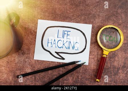 Hand writing sign Life Hacking, Business approach Simple and clever ...