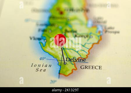 Delvinë map. Close up of Delvine map with blue pin. Map with red pin ...