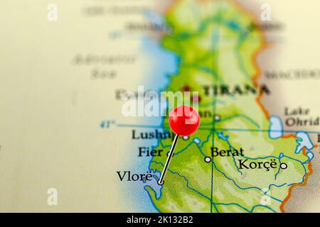 Vlora map. Close up of Vlora map with red pin. Map with red pin point ...