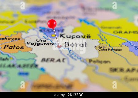 Berat map. Close up of Berat map with red pin. Map with red pin point ...