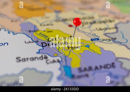 Delvinë map. Close up of Delvine map with blue pin. Map with red pin ...